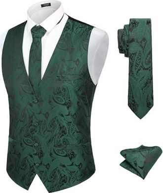 Coofandy Ensemble de cravates pour homme 3 pièces avec gilet jacquard floral et cravate, mouchoir de poche, gilets pour costume, smoking, mariage, vert foncé, 