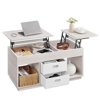 Vasagle Couchtisch, h&ouml;henverstellbarer Wohnzimmertisch, 2 Schubladen und versteckte F&auml;cher, Kaffeetisch, offene F&auml;cher, f&uuml;r Wohnzimmer, Homeoffice, haferflock