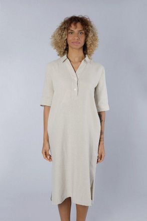 Nadine H Sommerkleid Leinenkleid im sch&ouml;nen Beige mit Taschen und V-Ausschnitt