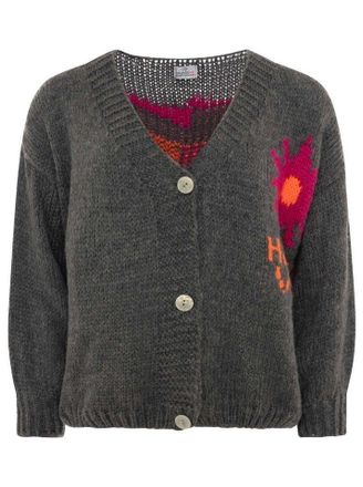 Zwillingsherz Cardigan Happy Vibes Knopfleiste, gro&szlig;es Motiv mit Blume und Schrift hinten, One Size