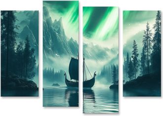 Islandburner Bild auf Leinwand Nordlichter &Uuml;ber Einem Wikinger Schiff Bilder Wandbilder Poster