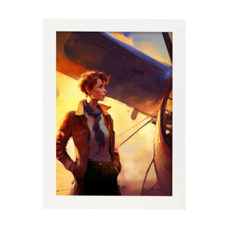 Nacnic Amelia Earhart in voller Farbe Fotostil. Cartoon-Illustrationen berühmter Erfinder und Schöpfer. Innenarchitektur und Dekoration. A3 mit weißen Rahmen