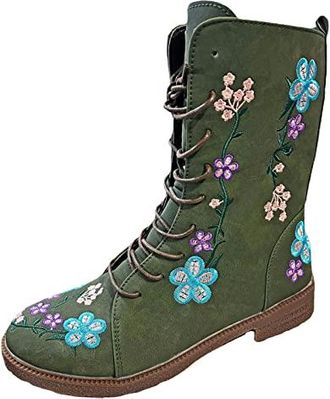 Generic Bottines brodées pour femme - Bottes de marche rétro fantaisie - Bout rond - Imperméables - Chaudes - Fausse peluche - Talon mi-mollet - Confortable -