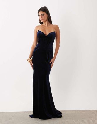 Asos Premium Maxikleid aus Samt mit Korsett und Fischschwanz in Marineblau
