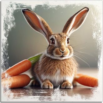Wallario Wandbild aus Holz Flauschiger Hase mit Möhren - 40 x 40 cm in Premium-Qualität: Brillante Farben