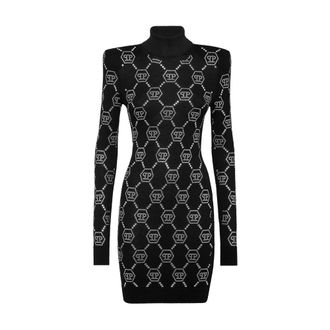 Philipp Plein Gestricktes Strass Mini-Kleid mit gepolsterten Schultern Monogramm - - Dresses - Damen - Schwarzk - S