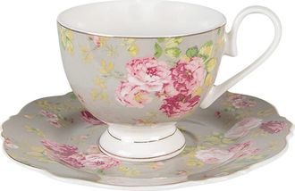 Clayre & Eef 6CE1294 Kaffeetasse mit Unterteller Grün, Weiß 200 ml