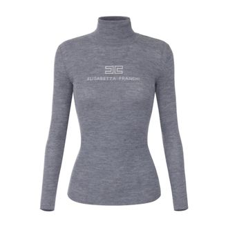 Elisabetta Franchi Femme, Pulls, Gris, Taille: 42 FR Haut &agrave; col roul&eacute; en maille c&ocirc;tel&eacute;e
