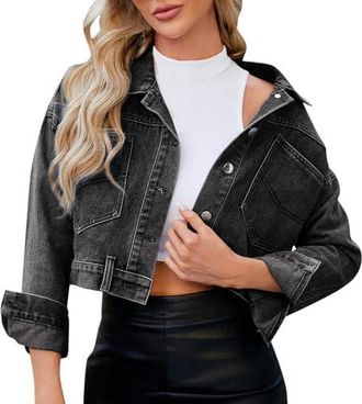 Generic Vestes pour femmes 2026 Slim &agrave; manches longues D&eacute;contract&eacute; Couleur unie D&eacute;lav&eacute; Denim Jacket Top, Noir, XL