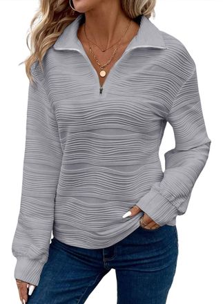 Dokotoo Pullover Damen Sweatshirt Herbst Langarm Rei&szlig;verschluss-Ausschnitt Hoodie Tops L&auml;ssig Einfarbig Stricken Oberteile Sweatshirts Grau 2XL