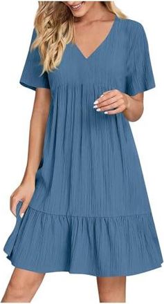 Generic Robe longue d&eacute;contract&eacute;e pour personnes &acirc;g&eacute;es avec col en V et trap&egrave;ze - Robe de plage d&eacute;t&eacute; 2025 pour femme, bleu, 4XL
