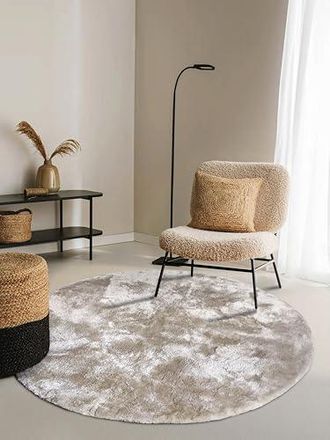 Elle Decoration Calida Teppich Rund - Flauschiger Hochflor Wohnzimmerteppich - Einfarbig Weich Pflegeleicht Langflor für Wohnzimmer, Esszimmer, Schlafzimme