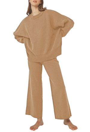 Pink Queen Damen Zweiteiler Lockere Loungewear Outfits Fledermaus&auml;rmeln Weitem Bein Hose Schlafanzug Homewear Braun S