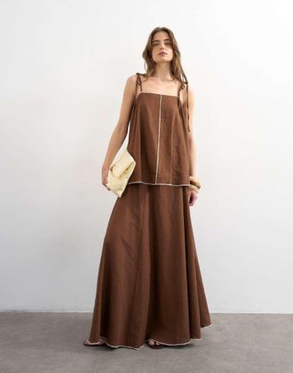 Topshop Jupe longue densemble en lin majoritaire &agrave; liser&eacute; contrastant - Marron