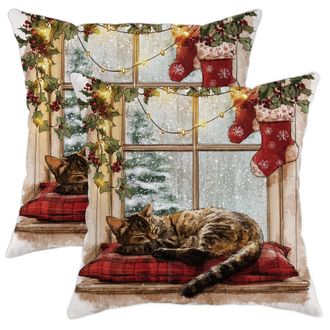 Generic Kissenbezug mit Katzenmotiv, gem&uuml;tlicher Weihnachtsstrumpf mit Stechpalme, Weihnachten, weicher Samt, waschbar, quadratisch, f&uuml;r Wohnzimmer, Wohnung, 