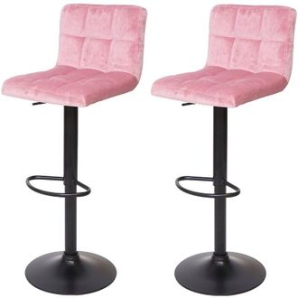 Hhg 2x Tabouret de bar HHG 232, chaise bar/comptoir, r&eacute;glable en hauteur, velours rose, pied noir