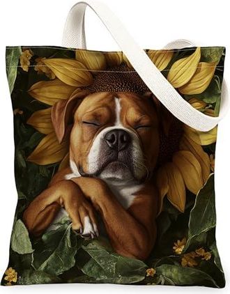 Generic Sac fourre-tout en toile pour le shopping, motif de chien boxeur printanier, 33 x 38,1 cm, motif feuille de tournesol, chiot r&eacute;utilisable, sac d&eacute;picer