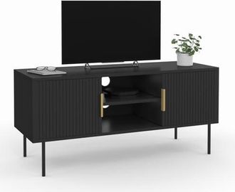 IDMarket Meuble TV 110 cm Marcel 2 Portes Lattes tasseau Bois Noir