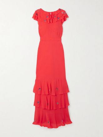 Rixo Rio Maxikleid Aus Cr&ecirc;pe Mit Volants Und Stickereien - Orange