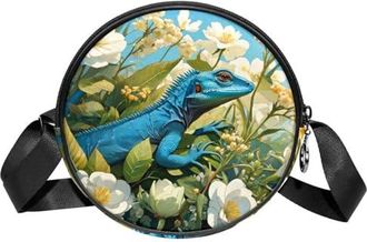 Generic Petit sac &agrave; bandouli&egrave;re circulaire pour femme, motif l&eacute;zard fleur, sac &agrave; dos &agrave; bandouli&egrave;re avec fermeture &eacute;clair, bretelles r&eacute;glables, sac &agrave; main rond