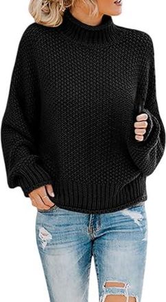 Generic Pull d&eacute;contract&eacute; et confortable &agrave; col montant pour femme, pull surdimensionn&eacute; &agrave; manches longues chauve-souris, pull ample en tricot &eacute;pais, Noir, XXL