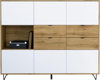 Vladon Highboard Marino V2, Sideboard mit 6 Türen Weiß matt und 4 Schubladen Eiche Evoke, Made in Germany, Korpus Eiche Evoke (152,5 x 125,5 x 37 cm)