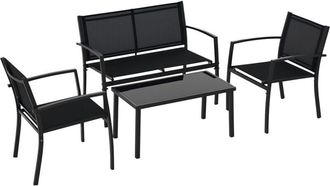 OUTSUNNY Salon de jardin ext&eacute;rieur - Outsunny - 4 pi&egrave;ces avec canap&eacute; 2 places, 2 chaises, table basse en verre tremp&eacute;, coussins inclus - noir
