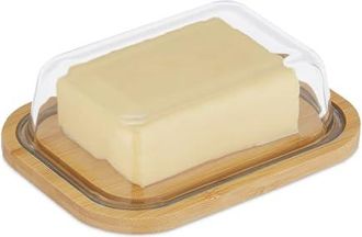 Relaxdays Butterdose, mit Deckel, Bambus & Glas, 250 g Butter, HxBxT: 5,5 x 19 x 14 cm, Butterschale, natur/transparent