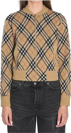 Burberry Femme, Vestes, Beige, Taille: 42 FR Heritage Check Knit Bomber Jacket
