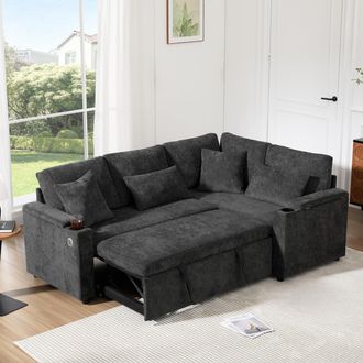 Merax Sofa Ecksofa mit Schlaffunktion, Praktisches Schlafsofa mit Bettkasten, Schlafcouch mit Stauraum, Getr&auml;nkehalter, USB-Ladeanschluss und Armlehnenablag