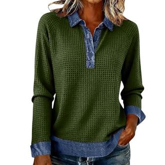 Generic Chemises &agrave; manches longues pour femmes, col &agrave; revers en denim, patchwork, sweat-shirt ample, haut de couleur, tenue pull en jean pour femme, Vert, XXL