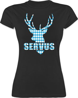 Shirtracer Shirt Damen - Kompatibel Oktoberfest - Servus - Hirsch mit bayrischem Muster - XXL - Schwarz - trachtenshirt Trachten t Shirts bayrische hirsche Funsh