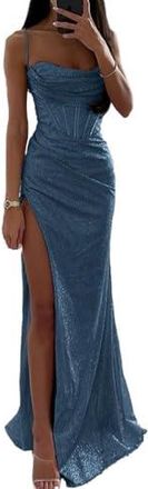 TOMWELL Robe de Soirée Cocktail Femme Élégante Col V à Paillettes Robe Longue Sexy Slim Robe Fendues à Sequins Mode Maxi Dress B Bleu XS