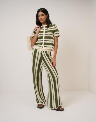 Nobody's Child Pantalon densemble d&eacute;contract&eacute; au crochet avec taille &agrave; cordon de serrage - Rayures vertes-Multicolore