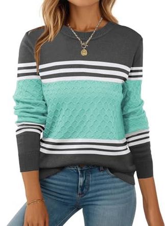 Zeagoo Pull en tricot pour femme - Col rond - Bloc de couleurs - Élégant - Manches longues - Hauts dhiver - S-XXL, bleu clair, L