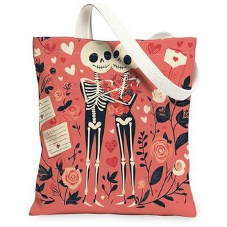 Generic Sac fourre-tout romantique en toile de Saint-Valentin pour faire du shopping 33 x 38,1 cm, motif squelette t&ecirc;te de mort couple amour sac d&eacute;picerie r&eacute;u