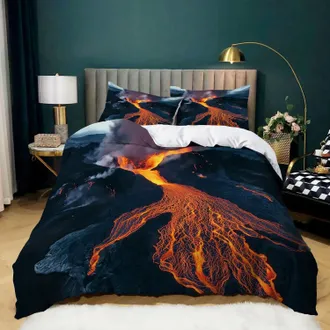 Generic Bettwäsche Set Bunt Print Island Vulkan Landschaft Thema Bettbezug mit 2 Kissenbezug 80 x 80 cm Weiche Herbstdekoration Bettbezüge 135 x 200 cm mit Re