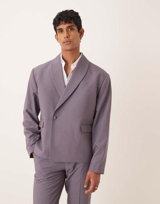 Asos Zweireihige Anzug-Smokingjacke in Lila mit kastigem Schnitt und Wickeldesign-Grau