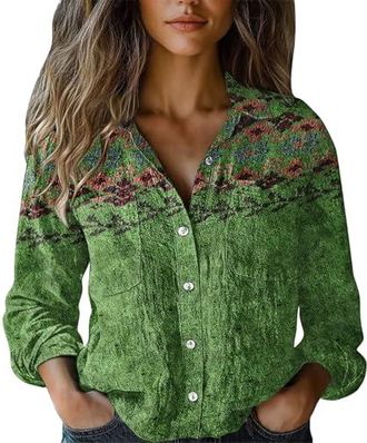 Generico Chemise Femme Curvy Manches Longues Chemises en Lin Coton D&eacute;contract&eacute; grande taille Blouse Col en V Classique Chemisier Vintage Fantaisie avec Boutons