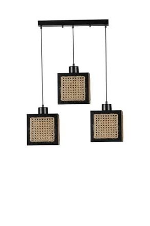 Opviq Elegant FIR Wood Chandelier with Natural Rattan Cap, Adjustable Height, 70 cm Total Height, E27 Socket, Black & Rattan Finish | Perfect for Modern Spa