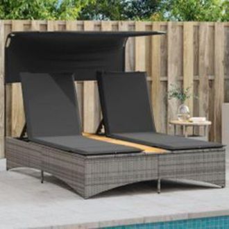Les Tendances Chaise longue double et auvent et coussins gris r&eacute;sine tress&eacute;e