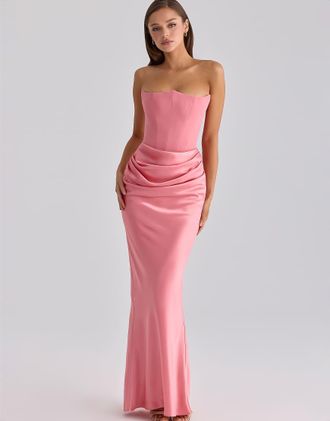House of CB Persephone Maxikleid mit tr&auml;gerlosem Korsettoberteil aus Satin und Crepe in Himbeere - PEACH-Orange