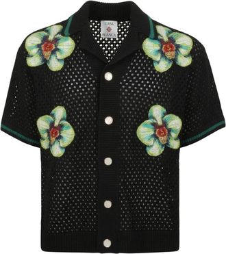 Casablanca Homme, Chemises, Noir, Taille: L Chemise &agrave; Manches Courtes en Crochet avec Broderie Glitch Orchid