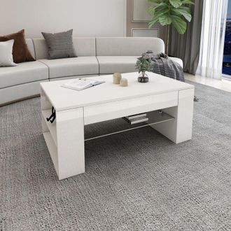 ML Design Ml-Design - Table basse fixe blanche 100x60 cm - &Eacute;tag&egrave;re en verre - 4 compartiments lat&eacute;raux - Panneau m&eacute;lamin&eacute; r&eacute;sistant aux rayures