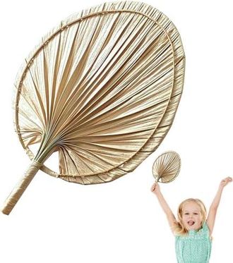 Generic &Eacute;ventail &agrave; main en raphia naturel tress&eacute; &agrave; la main avec poign&eacute;e ergonomique, motif feuilles de palmier - &Eacute;ventail de refroidissement d&eacute;t&eacute; en feuilles 