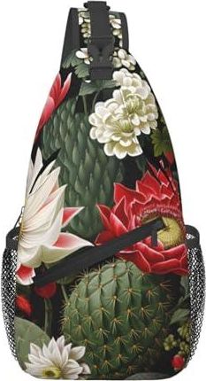 Generic Sacoche Bandouliere Motif de fleur de cactus Multifonction Sling Sac &agrave; Bandouli&egrave;re Casual Crossbody Bag pour Camping Homme Randonn&eacute;e