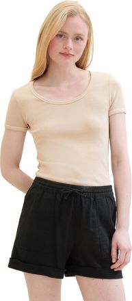 Tom Tailor Damen Basic T-Shirt mit Ripp, bisque, XL