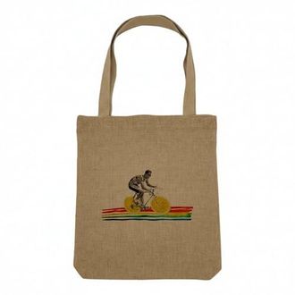 Fabulous Sac Shopping Tote Bag Aspect Lin - Cycliste Arc-en-ciel Collage Art Surr&eacute;alisme V&eacute;lo - Sac de Courses Toile Epaisse 360g Beige Naturel Cabas Port&eacute; Epa
