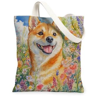 Generic Sac fourre-tout en toile motif chien Shiba Inu printemps 33 x 38,1 cm, peinture &agrave; lhuile motif chiot fleurs sauvages sac d&eacute;picerie r&eacute;utilisable pour f