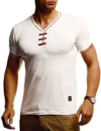 LEIF NELSON LN4890N T-shirt dété, à col en V, blanc, manche courte, coupe slim, pour homme, beige, L